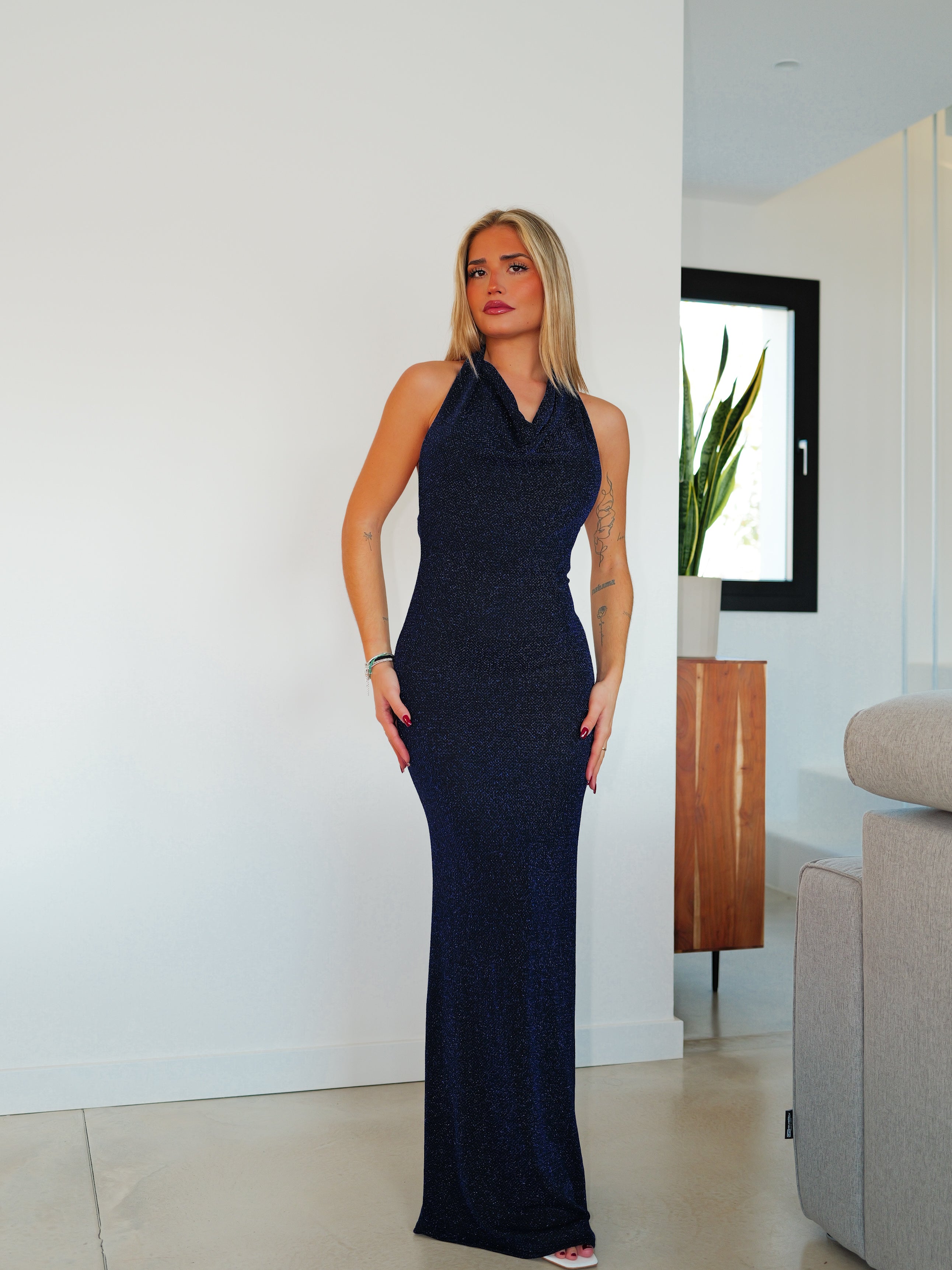 Vestido largo cascada lurex marino – Sorellas The Brand Barcelona S.L